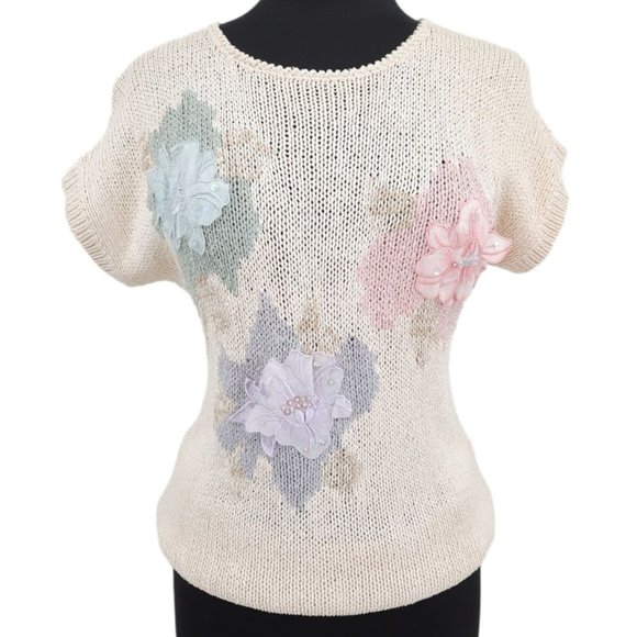 Koret | Sweaters | Vtg 8s Koret Cream Floral Applique Iridescent Sequin ...